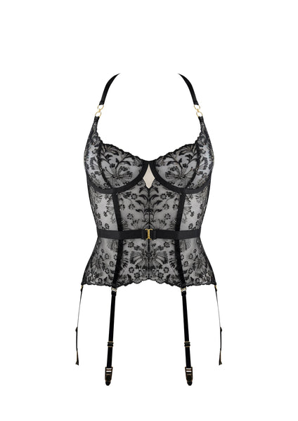 Theia Basque Black | Sequined Black Lace Body Lingerie – Bordelle