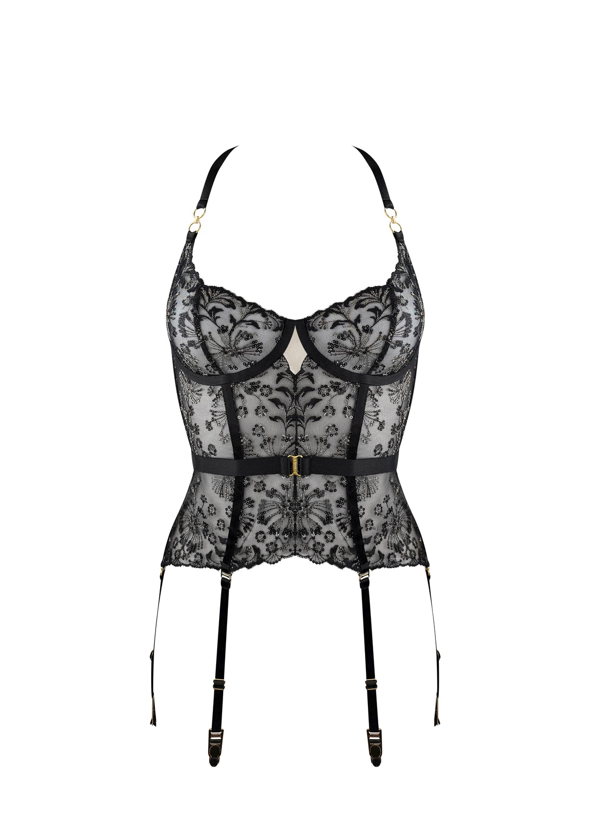 Theia Basque Black | Sequined Black Lace Body Lingerie – Bordelle