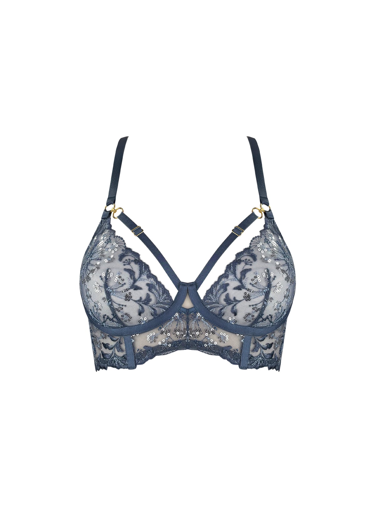 Theia Longline Bodice Bra Denim | Denim Blue Sequin Bra – Bordelle
