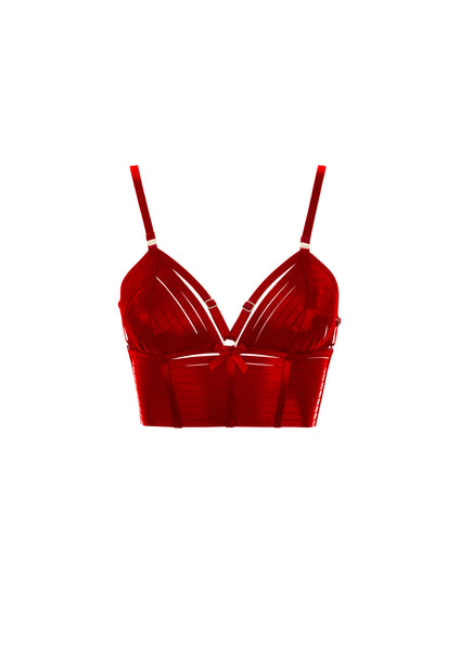 Bordelle Signature Wireless Satin Strappy Elastic Soft Cup Bondage Belle Crop Top Bra Burnt Red